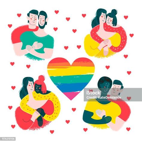 행복한 게이 과 레즈비언 커플 구성의 중심에 무지개 마음은 Lgbt 커뮤니티의 상징이다 Pride Lgbtqi Event에