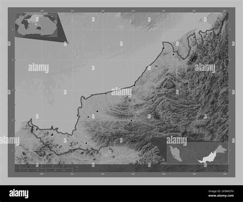 Sarawak State Of Malaysia Grayscale Elevation Map With Lakes And Rivers Locations Of Major