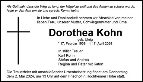 Traueranzeigen Von Dorothea Kohn Vrm Trauer De