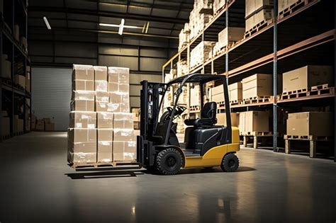 Premium Ai Image Warehouse With Fully Loaded Forklift Between Rows In