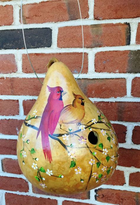 Handpainted Gourd Birdhouse With Cardinals On A Cherry Blossom Branch