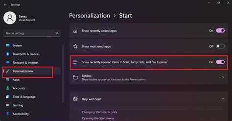 مدیریت بخش recent apps recent files در ویندوز ۱۱