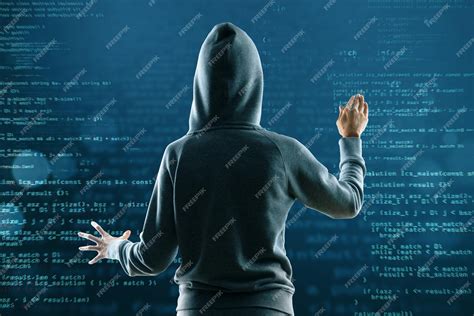 Premium Photo Back View Of Hacker In Hoodie On Abstract Coding Background Hacking And