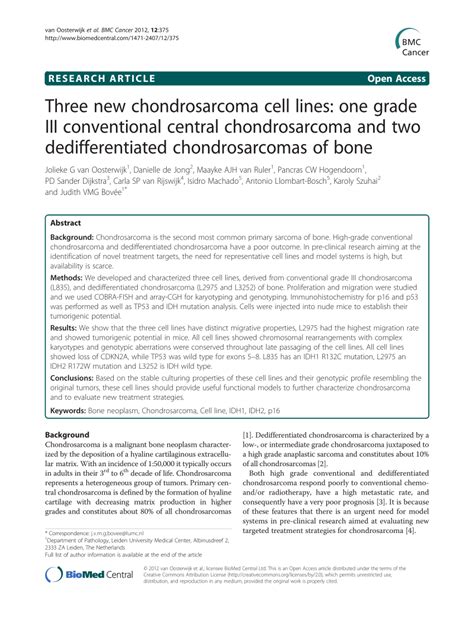 Pdf Three New Chondrosarcoma Cell Lines One Grade Iii Conventional