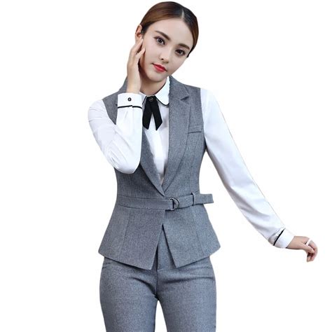 New 2018 2 Piece Set Elegant Pant Suit Size S 4xl Waistcoat Belt Gray