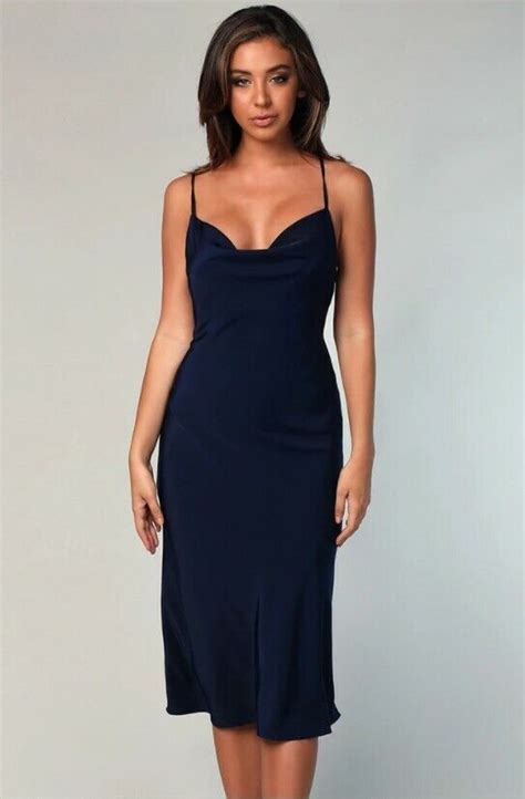 Navy Satin Cowl Neck Midi Dress Bitau