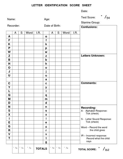 Letter Recognition Test Sheet