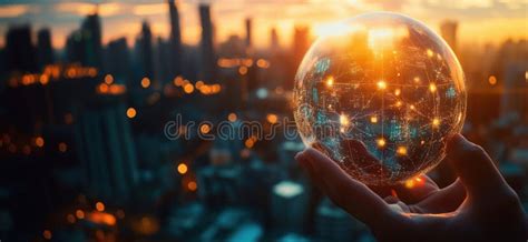 Glowing Globe Representing Global Connectivity And Technology Hand Holding Illuminated Sphere