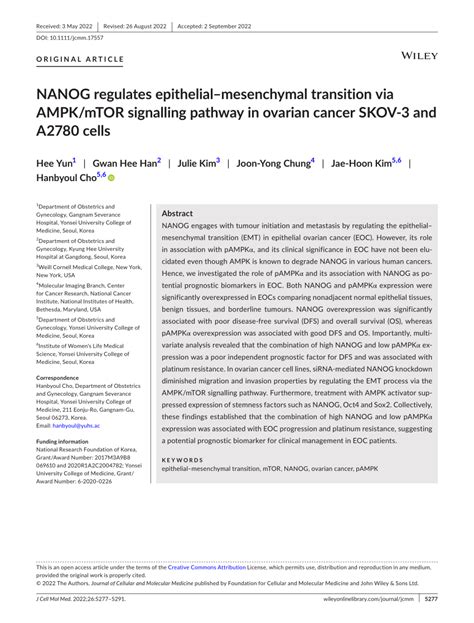 Pdf Nanog Regulates Epithelial Mesenchymal Transition Via Ampk Mtor