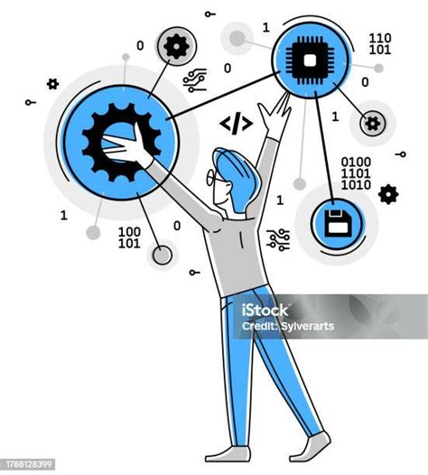 Insinyur Komputer Dalam Ilustrasi Garis Besar Vektor Kerja Programmer