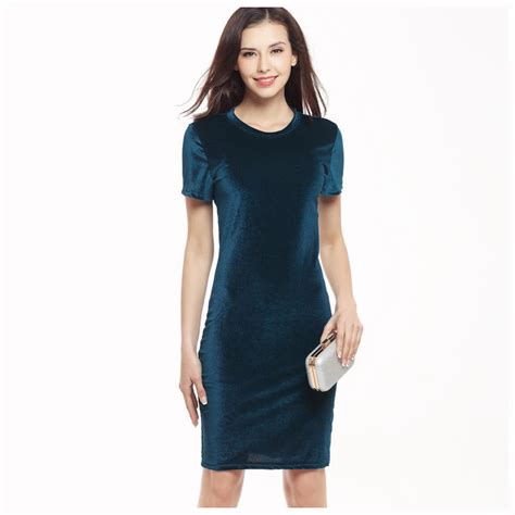 O Neck Velvet Short Sleeve Slim Office Wear Knee Length Dresses
