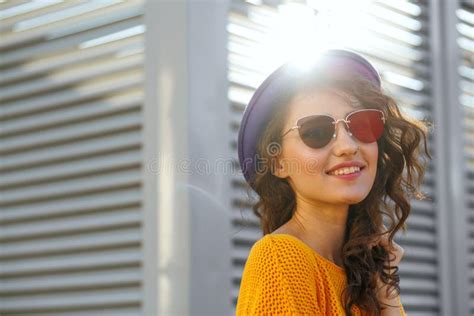 Closeup Portrait Of Adorable Smiling Brunette Model With Curly H Stock