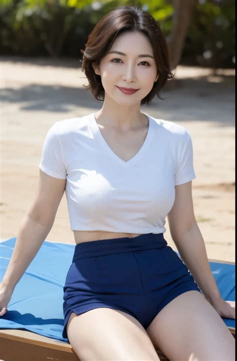 Araffe Asian Woman Sitting On A Bench In A White Shirt And Blue Shorts