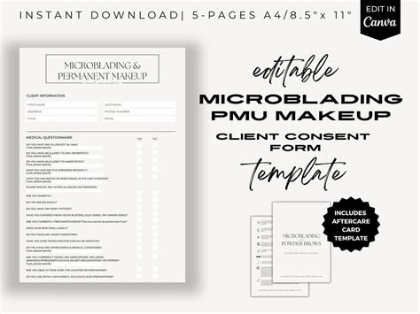 Editable Permanent Makeup Form Pmu Consent Form Microblading Powder Brows Aftercare Cards