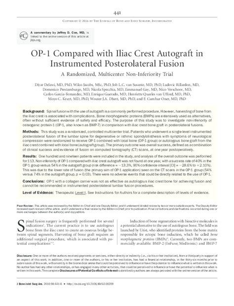 Pdf Op 1 Compared With Iliac Crest Autograft In Instrumented