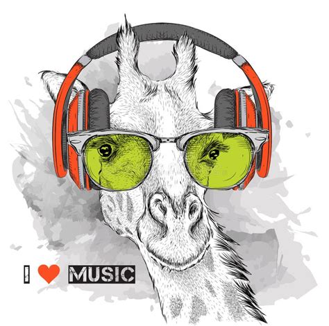 The Image Of The Giraffe In The Glasses And Headphones Vector
