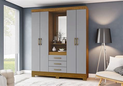 Armoire 4 Portes 3 Tiroirs Avec Miroir Coloris Gris Nature Kit M