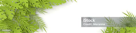 열대 종이 손바닥 몬스터 잎 프레임 여름 열대 잎입니다 종이 접기 이국적인 하와이 정글 여름 배경입니다 종이 컷 스타일입니다 3d 렌더링 수평 배너 0명에 대한 스톡 사진