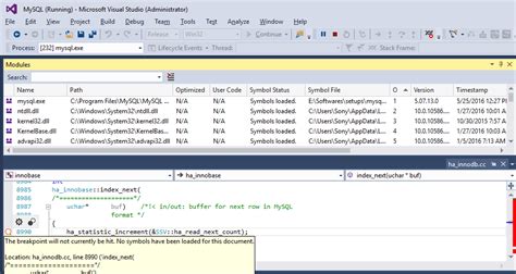 C Debug Mysql The Breakpoint Will Not Currently Be Hit No