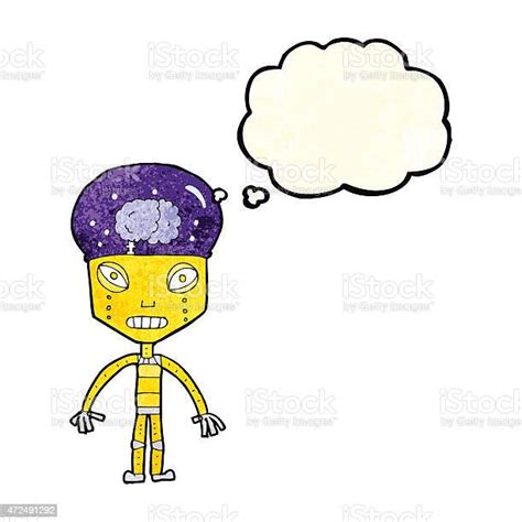 การ์ตูนหุ่นยนต์แปลกกับฟองความคิด ภาพประกอบสต็อก ดาวน์โหลดรูปภาพตอนนี้ 2015 การวาดภาพ