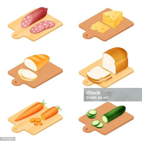 다른 다진 음식의 평면 아이소메트릭 그림을 설정합니다 3차원 형태에 대한 스톡 벡터 아트 및 기타 이미지 3차원 형태 도마 요리 도구 치즈 Istock