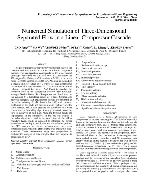Pdf Numerical Simulation Of Three Dimensional Separated Flow In A Linear Compressor Cascade