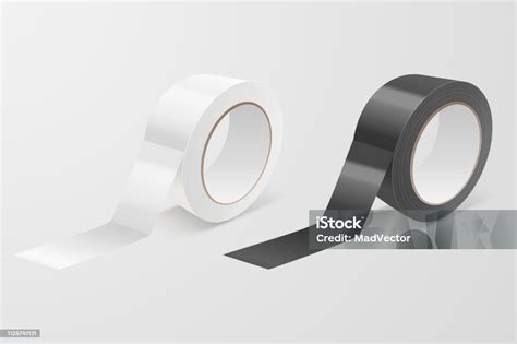 현실적인 흰색과 검정색 벡터 3d 광택 테이프 롤 아이콘 집합 또는 흰색 배경에 고립 된 모형 근접 촬영 이랑 스티커 테이프 롤 또는 접착 테이프 포장의 디자인 템플릿 전면