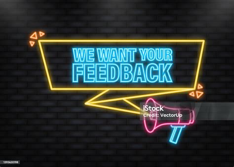 네온 아이콘 우리는 3d 스타일의 귀하의 의견 메가폰 노란색 배너를 원합니다 벡터 일러스트 레이 션 기민에 대한 스톡 벡터 아트
