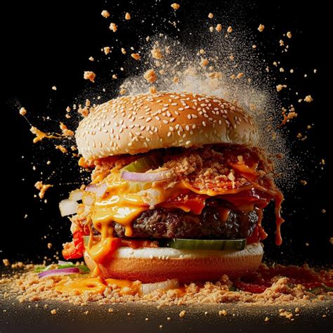 Premium Ai Image Burger With Flying Ingredients On A Black Background
