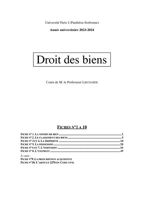 TD Biens Fiche 1 8 Université Paris I Panthéon Sorbonne Année