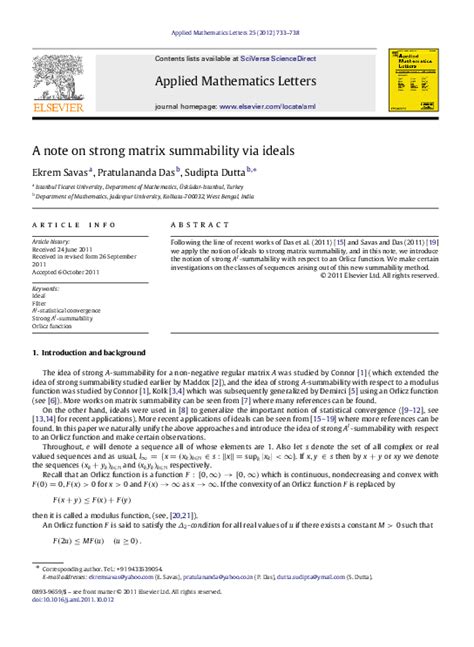 Pdf A Note On Strong Matrix Summability Via Ideals Ekrem Savas