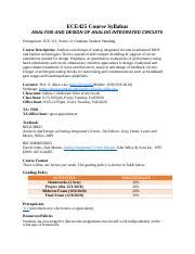 Syllabus ECE425 Fall 2020 Docx ECE425 Course Syllabus ANALYSIS AND DESIGN OF ANALOG INTEGRATED