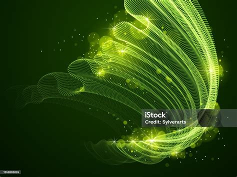 바람에 혼합 된 점 투명 명주 그물 직물의 어두운 파도 위에 흐르는 마법 에너지 입자 곡선 점선 3d 선 벡터 효과 그림입니다 3d 미래 지향적 인 스타일 3차원 형태에