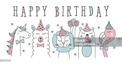 귀여운 플라밍고 라마 유니콘 사자 곰 벡터 일러스트와 손으로 그린 생일 카드 생일에 대한 스톡 벡터 아트 및 기타 이미지 생일 아기 아이 Istock