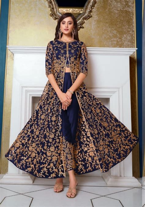 Blue And Gold Heavy Designer Embroidered Lehengapant Style Anarkali