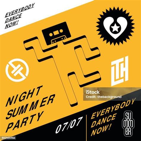 음악 파티 전단지 안내 책자 나 포스터 템플릿 로고와 디자인 요소와 복고 스타일 브레이크 댄스 로봇 테이프에서 만든입니다 Dj에 대한 스톡 벡터 아트 및 기타 이미지