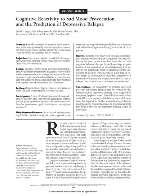 2 Cogntive Reactivitysegal2006 Pdf Major Depressive Disorder