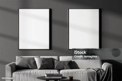 Dua Bingkai Poster Mock Up Di Latar Belakang Interior Modern Ruang Tamu