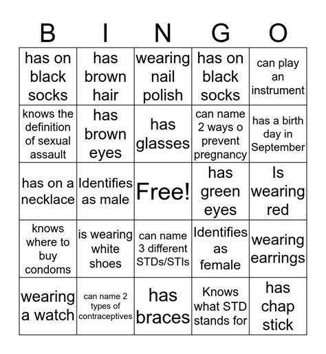 Sex Education Bingo Card