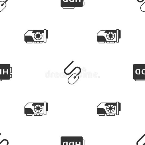 Set Hard Disk Drive Hdd Computer Mouse And Video Graphic Card On Seamless Pattern Vector Stock
