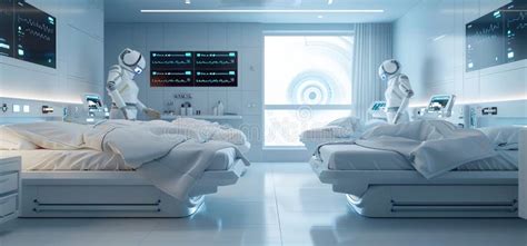 Two Robots Are In A Hospital Room One Of Which Is Cleaning A Bed By Ai