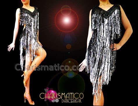 Divas Black And White Sequin Fringe Latin Salsa Dance Dress