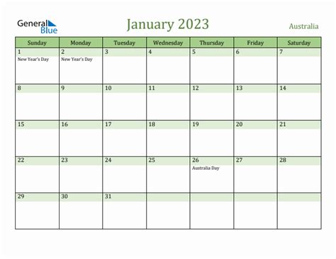 Fillable Holiday Calendar For Australia January 2023