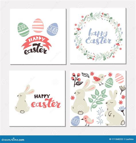 Greeting Card With Lettering And Easter Elements Flowers Bunnies