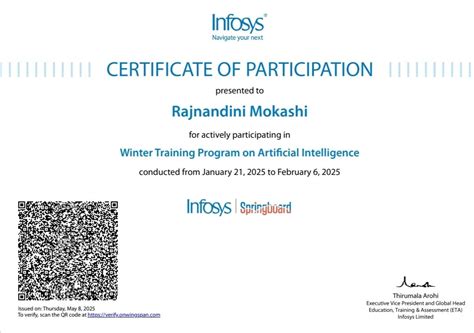 Successfully Completed The Infosys Springboard Winter Training Program On Artificial