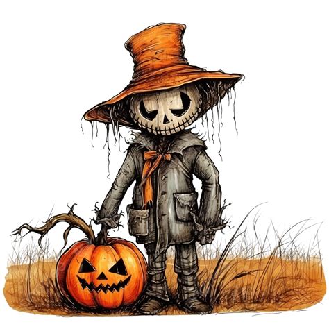 A Scary Scarecrow With A Halloween Pumpkin Head In A Field In Cloudy Weather Evil Horror