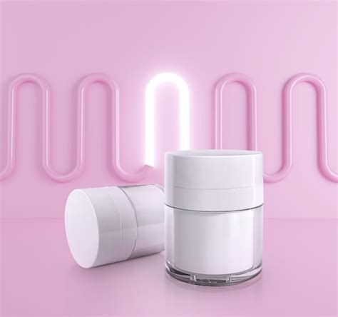 파스텔 핑크색 배경 전구 광고 포스터가 있는 현실적인 크림 항아리 화장품 스킨 케어 프리미엄 제품 3d 렌더 홍보 프리미엄 사진
