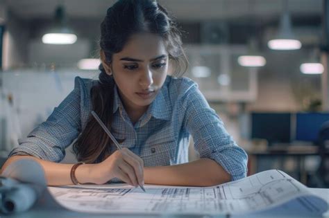 Indian Female Structural Engineer Reviewing Construction Blueprints In