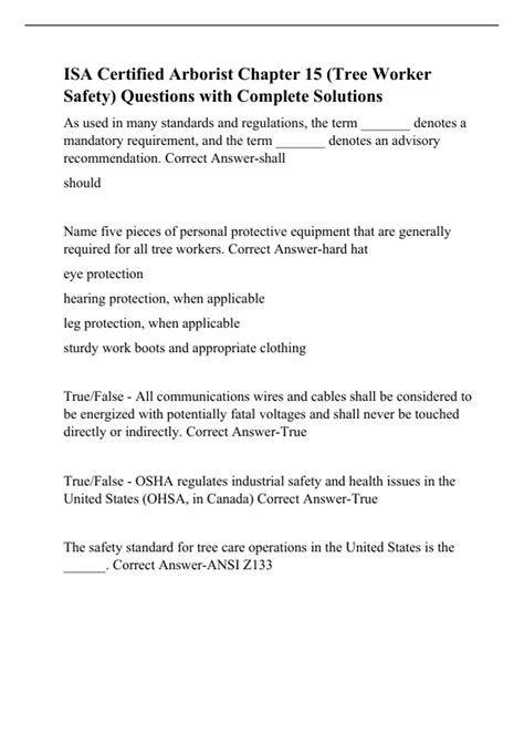 ISA Certified Arborist Chapter 15 Tree Worker Safety Questions With