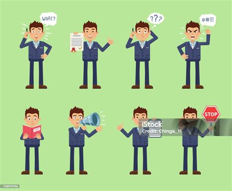다른 상황에서 포즈를 취하는 사업가 캐릭터의 집합입니다 전화로 이야기 하는 쾌활 한 사업가 생각 놀라게 화가 정지 기호를 들고